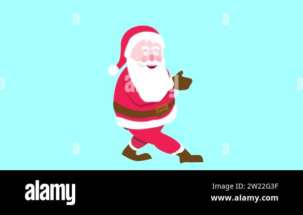 Cartoon animation of Santa Claus walks dancing joyfully on a blue ...
