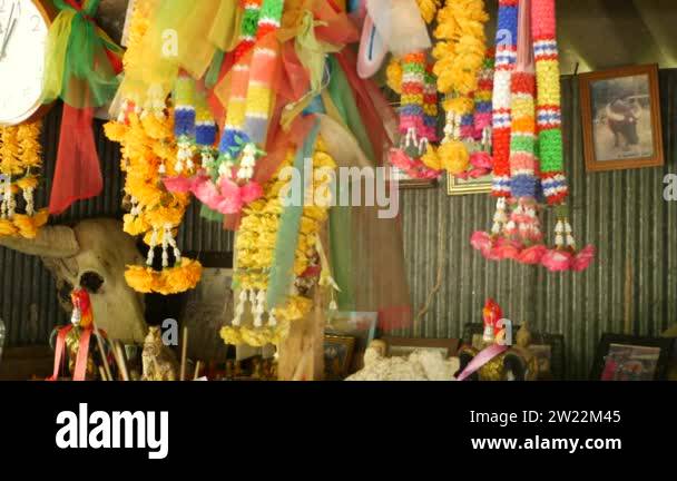 Wooden miniature guardian spirit house. Small buddhist temple shrine ...