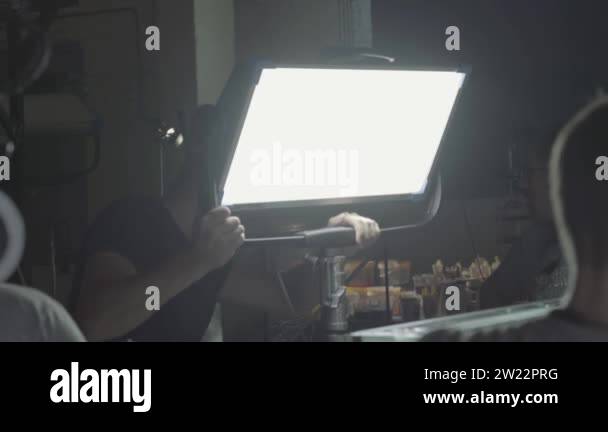 Lighting on the set of the film during filming. Filmmaking. Shooting ...