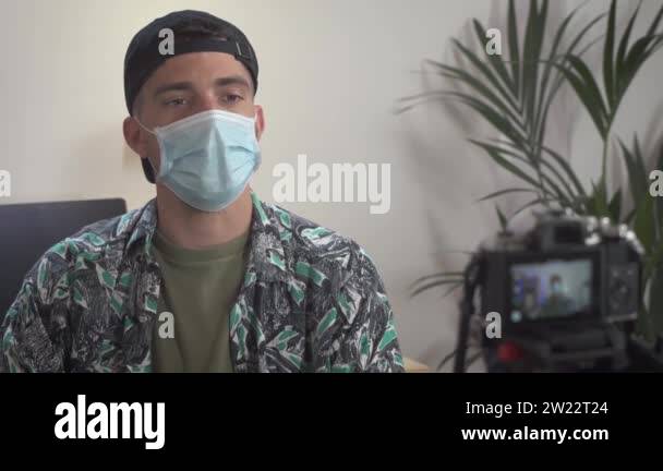 Young man vlogger record video on camera for social media channel ...