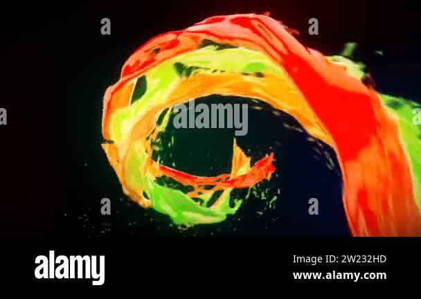 abstract bright colorful liquid vortex flow with splashes slow motion ...