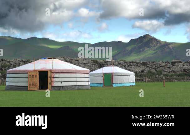 Yurt camp of village in the Mongolian steppe. Traditional two portable ...