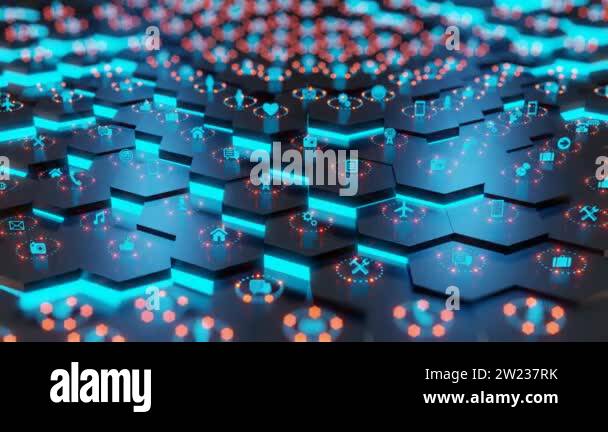 Abstract Of Futuristic Black Surface Honeycom Hexagon Pattern With Blue Light And Social Icons