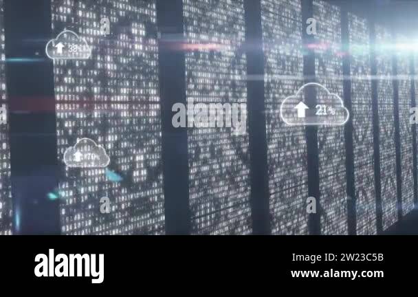 Animation of white clouds with arrows and one hundred percent numbers floating, data processing ...