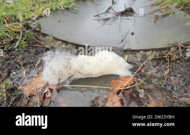 Dirty rain water under drain concrete drainage trough. Water bring dust ...