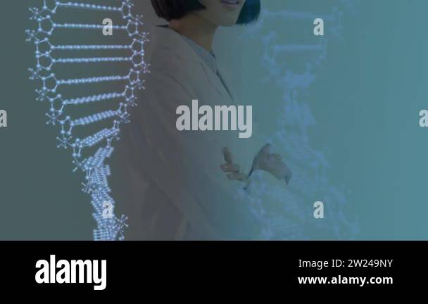 Two dna structures spinning against portrait of female doctor smiling ...