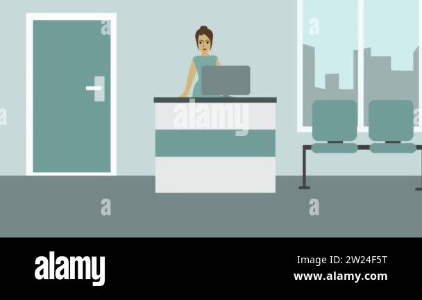 2D animation, portrait of receptionist standing at the reception desk ...