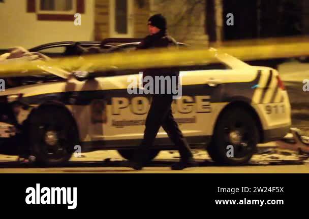 A police car damaged in an accident showing heavy signs of crash is ...