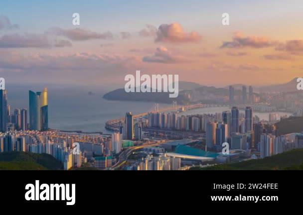 time lapse.sunset at Busan Gwangalli Beach and Gwangan Bridge. or ...