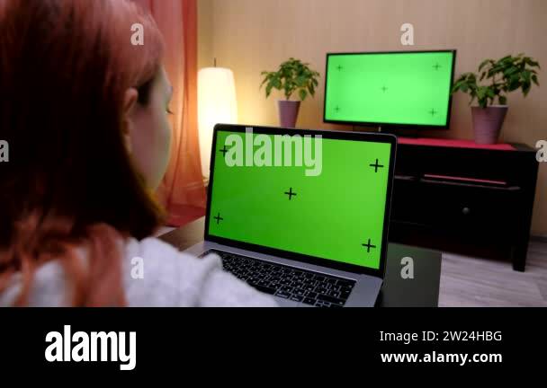 Television Computer Green Screened Woman - Full HD. Woman watches ...