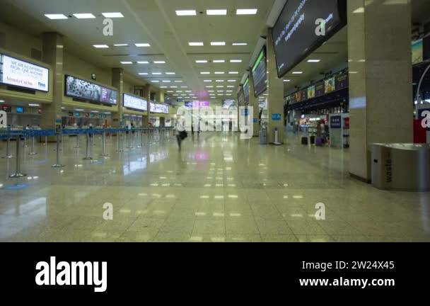 Airport Departure main entrance hall with only few People during ...