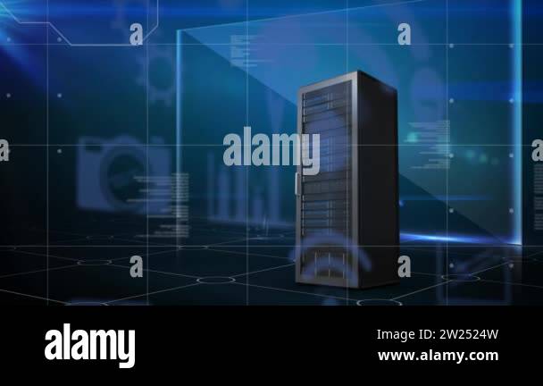 Animation of data processing, cog, camera, graph, wifi reception ...