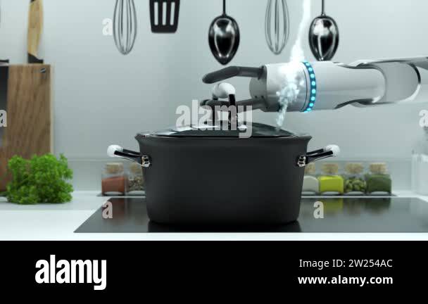 The robot hand opens the lid of boiling water in a saucepan. 4k Stock ...
