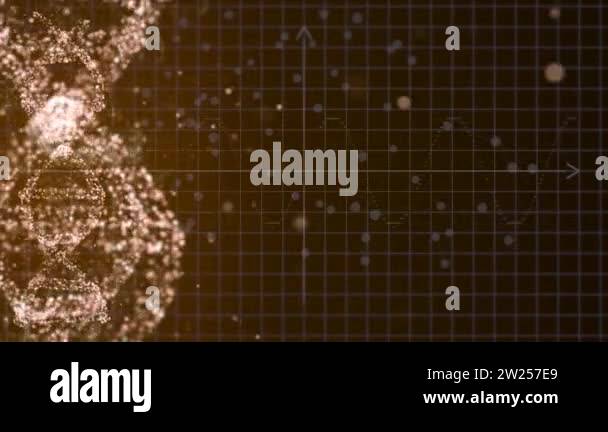 Gold particles DNA strand rotating on screen with graphs and charts on ...