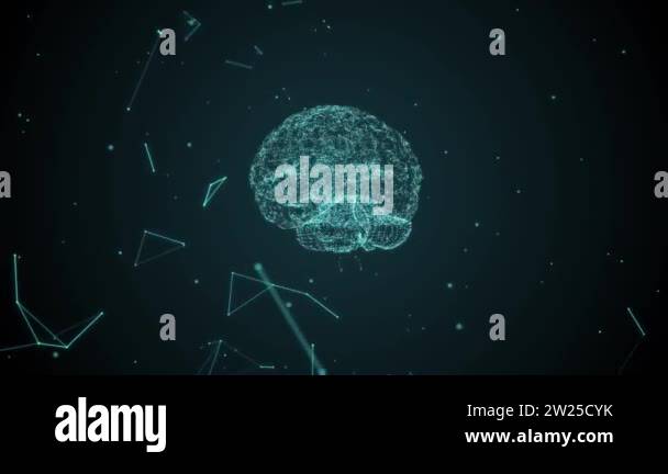 human brain appears evolving and growing neural cells formed by particles blue abstract ...