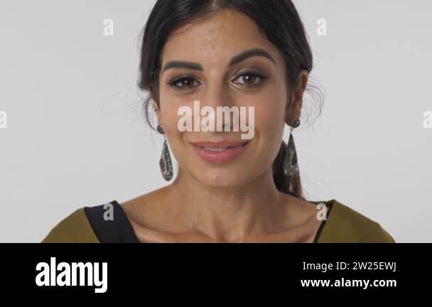 Close up view of Cheerful pretty hindu woman in traditional dress ...