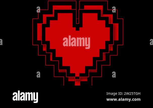Animation of multiple digital pixelated red hearts with black outline ...