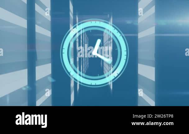 Animation of clock moving fast, data processing and digital information flowing through network ...