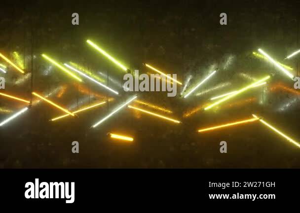 Orange and yellow neon fluorescent lights suspended from ropes. Modern ...