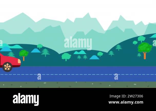 Car animation against the background of countryside. Moving hills and ...