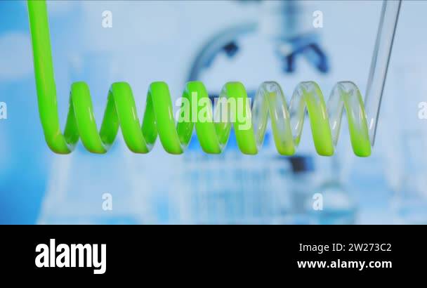 The liquid changing color from green to yellow acid color moves along ...