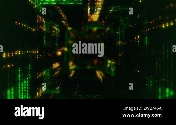 Animation of flying into digital technologic tunnel from glowing and ...