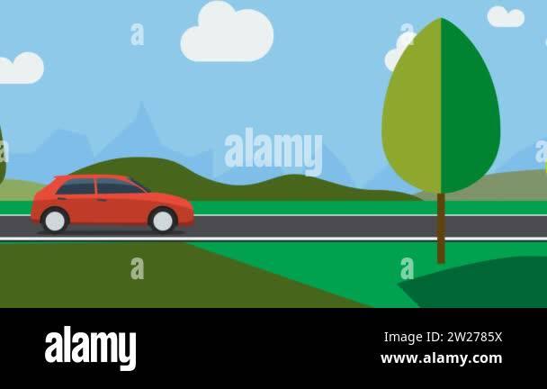 Car animation against the background of countryside. 2D animation ...