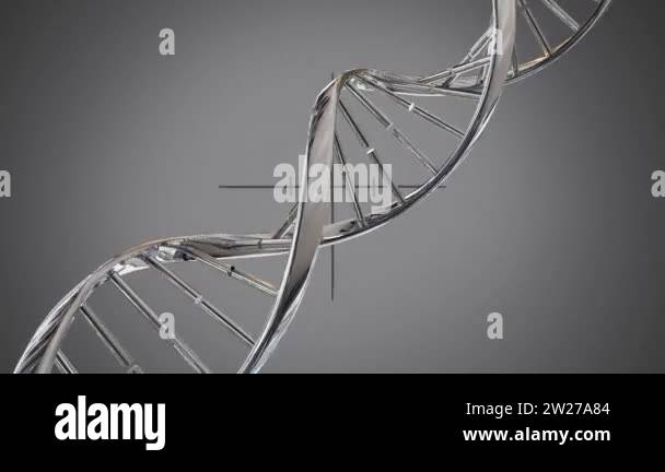 Animation of silver turning DNA strand over moving grid of black ...