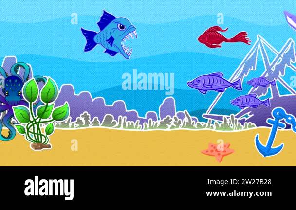 The seabed with fish and predators drawn with imitation of embossing ...