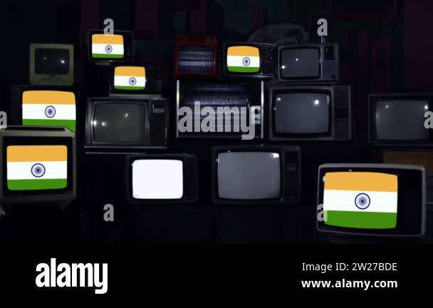 Indian National Flags on Old 80s and 90s TVs. Blue Dark Tone. Zoom In ...