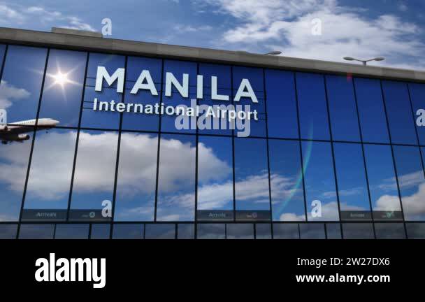 Jet aircraft landing at Manila, Philippines 3D rendering animation ...