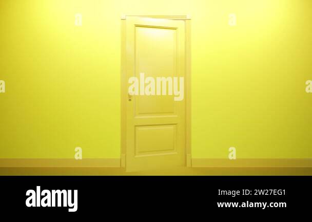 Yellow classic design door opening to green screen, yellow wall behind ...