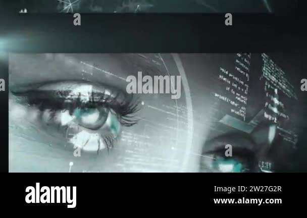 Animation of screens with human eye, CCTV camera, digital data ...