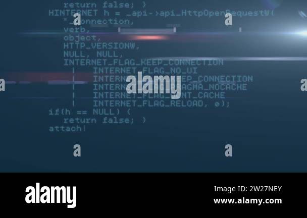 Animation of data processing with flickering horizontal lines on glowing dark blue background ...
