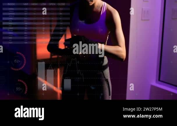 Animation of digital interface with statistics recording and data processing over female boxer ...
