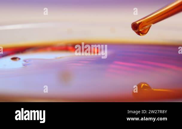 Tiny blobs of red blood crawling from a glassy pipe on a large sauce ...