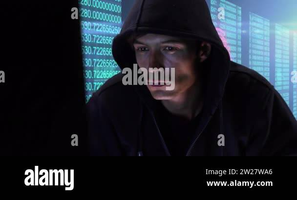 Animation of Caucasian male hacker wearing a hoodie, using a laptop ...