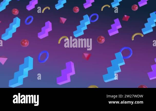 Animation of multiple rows of 3d pink, purple, blue and red geometric ...