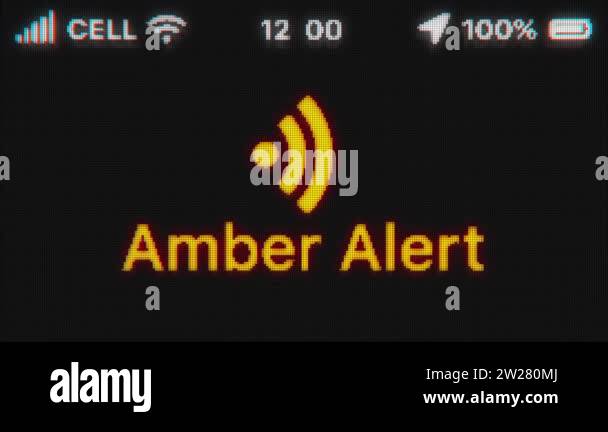 Amber Alert appear on old display. Pixeled text animation with phone ...