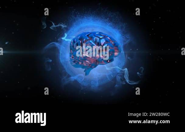 Animation of 3d blue metallic human brain rotating in seamless loop over glowing blue globe ...