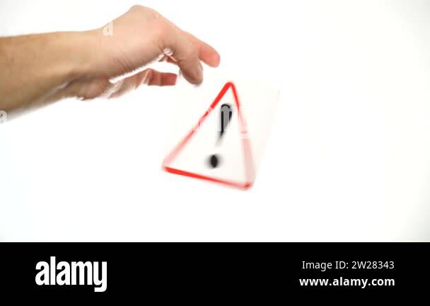 Exclamation mark sign isolated. Male hand showing warning sign Stock ...
