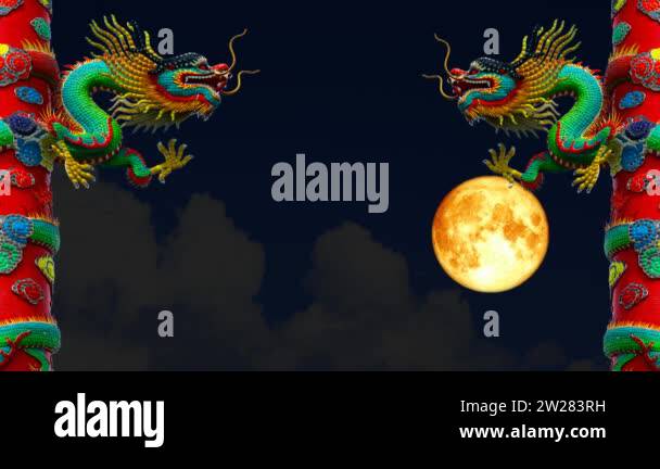 4k Full blood moon rise back on twin dragon pillar on the night sky ...