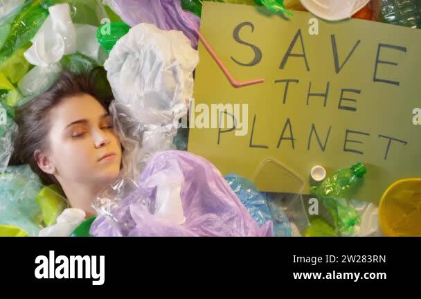 Top view portrait footage of young caucasian girl lying in pile of ...