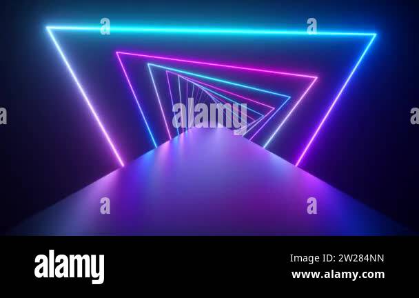 Flying through glowing rotating neon triangles creating a tunnel, blue ...