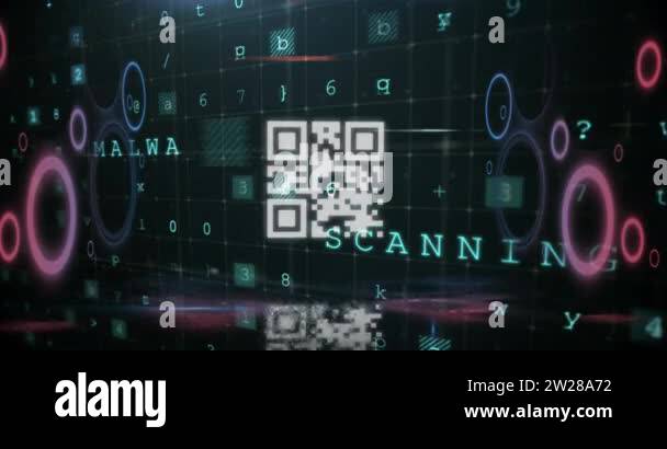 Animation of glowing QR code with pink and purple circle neon elements ...