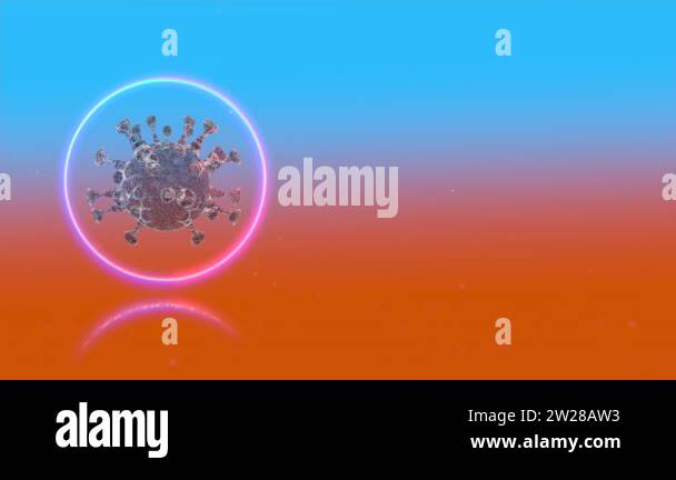 HIV cells flowing in neon rainbow circle against gradient blue and orange background. Viral ...