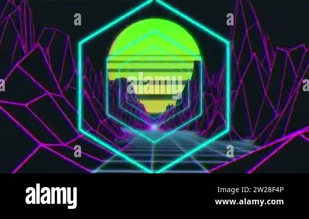Animation of green glowing pulsating hexagons moving in seamless loop in hypnotic motion with ...