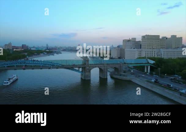 twilight moscow riverside gorky park pedestrian bridge aerial panoramic ...