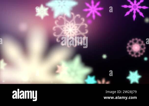 3D colorful snowflakes and unfocused bokeh light background. Abstract ...