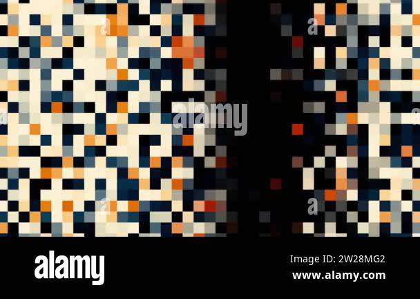 Abstract rows of colorful pixels blinking and moving from right to left on black background ...